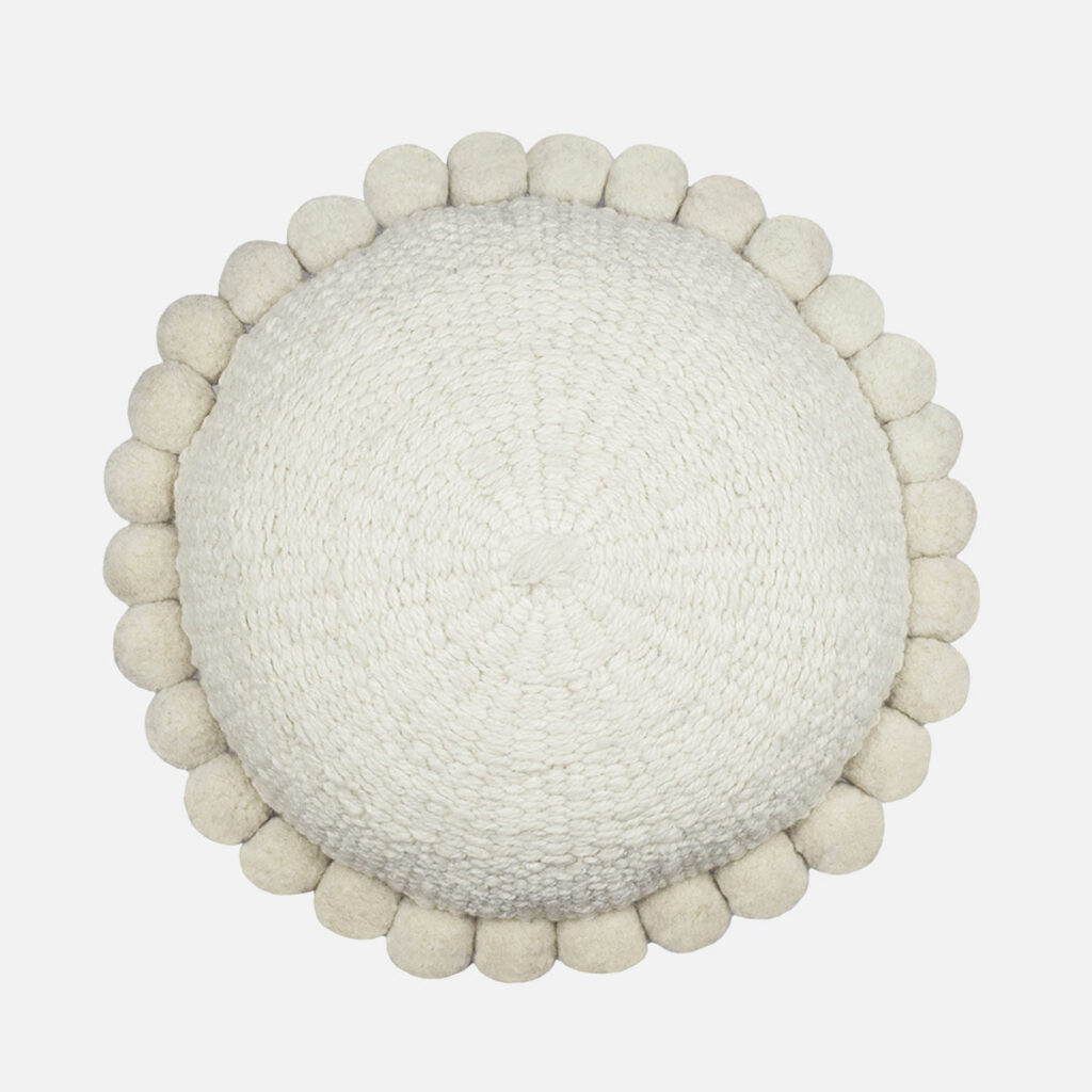 Coussin rond à pompons blanc - Coussin ethnique - Finca Home